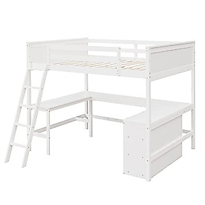 GYYBED Full Size Wooden Loft Bed with 3 Storage Shelves and Built-in L-Shape Desk for Kids Teens Adults Full Size loft Bed with Desk Full Size loft Bed loft Bed with Desk(White + Wood)