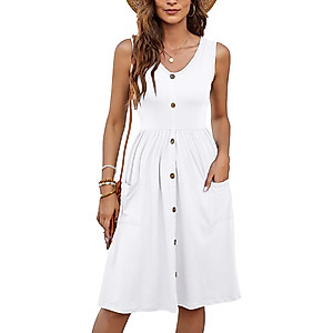 MOLERANI Women Summer Dresses Sleeveless Casual Loose Swing Button Down Midi Dress with Pockets(White,S)