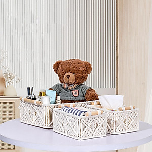 ANMINY Macrame Storage Baskets 3PCS Handmade Woven Cotton Rope Storage Bins Set Decorative Boho Boxes with Wood Handles Removable Washable Linen Liner Countertop Toilet Tank Shelf Cabinet Organizer