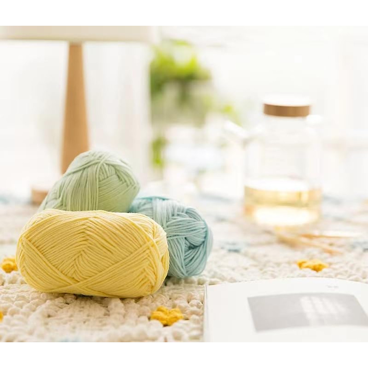 Combed Cotton Soft Wool Balls Acrylic Cotton Hand-Woven Cotton Yarn The Thread of a Sweater Each Ball Weighs 50 Grams 120 Meters Long and with Needle bar and Crochet (6 Balls Light Blue)