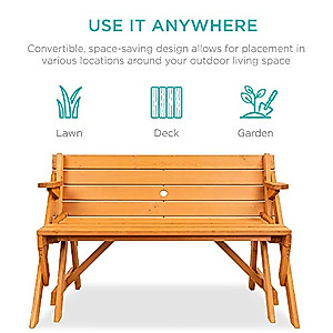 Best Choice Products 2-in-1 Transforming Interchangeable Outdoor Wooden Picnic Table Garden Bench for Backyard, Porch, Patio, Deck w/Umbrella Hole - Natural