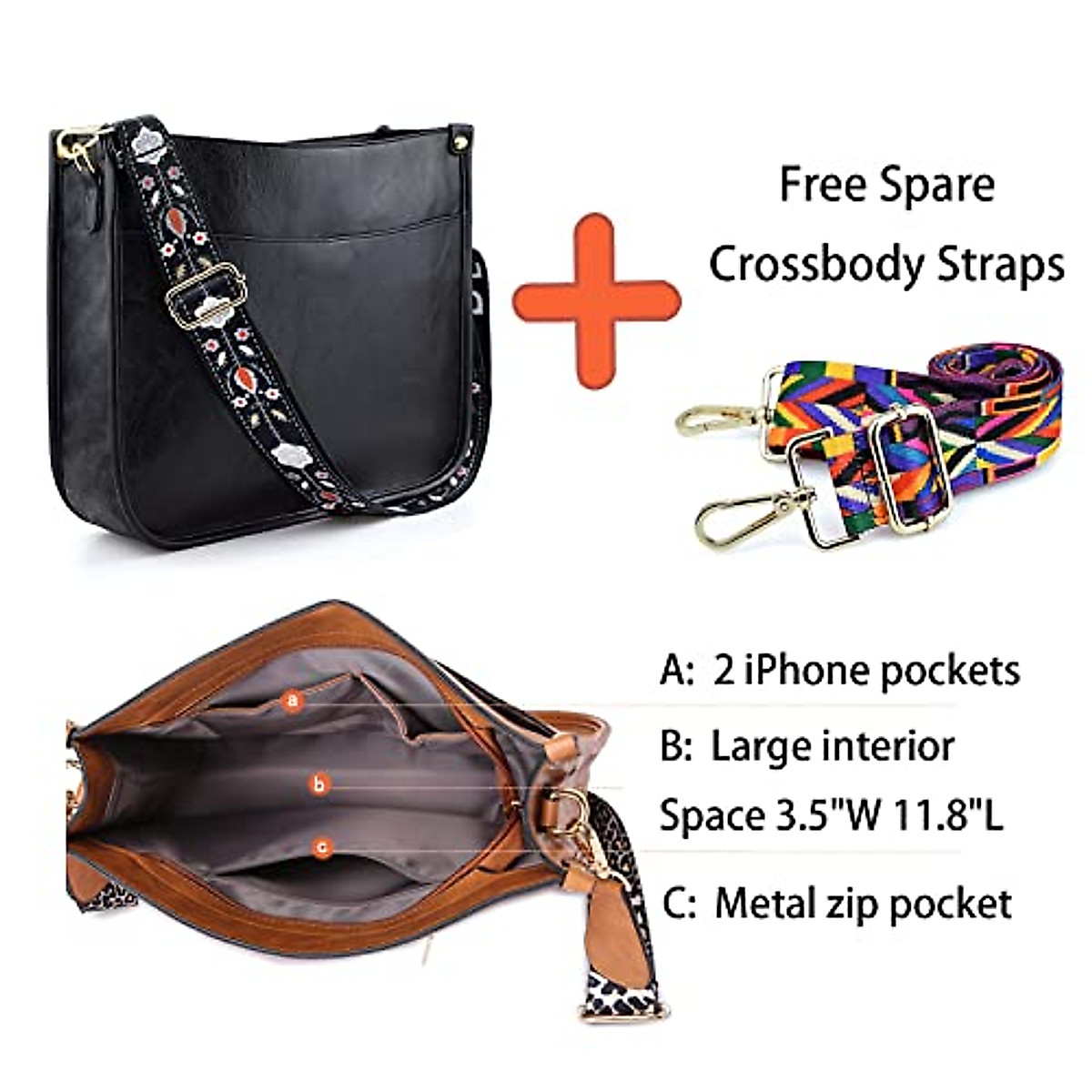 KlaOYer 2 Adjustable Strap Crossbody Bags Women Guitar Strap Purse Vegan Handbags Soft Shoulder Bag For Women (Black)