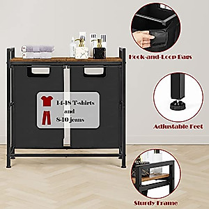 Laundry Basket 2 Section Laundry Hamper with Wooden Shelf and 2x45L Removable Laundry Sorter Bags Double Clothes Hamper for Laundry Room Bathroom Dorm Oxford Fabric Metal Frame, Rustic Brown and Black