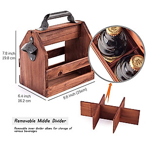 Mealivos Wooden Bottle Caddy, 6-Pack Beer Carrier with Built-In Metal Bottle Opener, Beer Buckets for 6 Beers