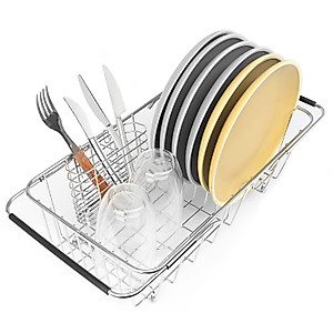 BTLATHA Sink Dish Drainer Rack, Expandable 304 Stainless Steel Dish Drying Rack Organizer with Stainless Steel Utensil Rack, Adjustable 14.96" to 20.59" Inside The Sink (up to 7 Upright Utensils).