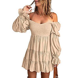 Dokotoo Womens Dress Spring Summer Dresses for Women 2025 Birthday Wedding Guest Dresses Casual Sexy Off The Shoulder Square V Neck Long Sleeve Smocked A-Line Mini Short Dresses for Women Khaki Medium