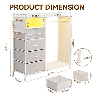 ARTETHYS Dresser for Bedroom with Hanging Rack 5 Drawer Dresser with LED Lights and Charging Station White Fabric Dresser Storage Chest of Drawers for Closet