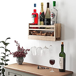 YouHaveSpace Barrel Wall Mounted Wood Wine and Glass Rack with Wire Cork Storage, Hanging Wine Rack for Kitchen, Living Room, Dining Room, Light Burnt Natural
