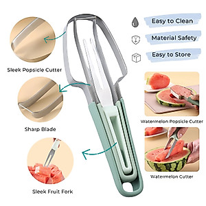 MOTEERLLU 3 in 1 Multifunctional Watermelon Popsicle Slicer Cutter Tool with Fork, Stainless Steel Fruit Cutter Slicer Kitchen Gadget, Portable Watermelon Windmill Cutter Knife (Green)