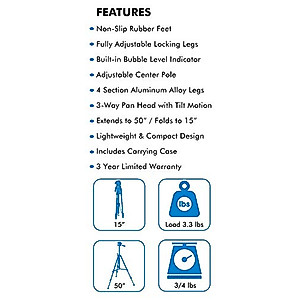 Ultimaxx 50" Inch Lightweight Portable Camera Tripod Stand with Carrying Bag for Sony, Nikon, Canon, Olympus, Pentax, Panasonic, Samsung Cameras and Camcorders