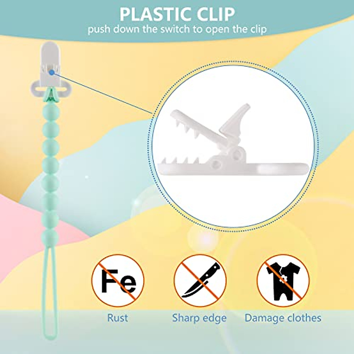 Silicone Pacifier Clip, 4 Pack One Piece Beads Pacifier Clip Holder for Baby Boys Girls, Flexible Pacifier Clips for Baby Essentials, Safe for Newborns, Teething Relief, Rust-Free Holder Clip