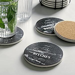 LIFVER Christmas Coasters for Drinks with Holder, Set of 8 Black Marble Style Absorbent Drink Coasters with Cork Base, Ideal for Living Room Decor, Gifts for Men, Bar Coaster with 4 Sayings, 4 inch