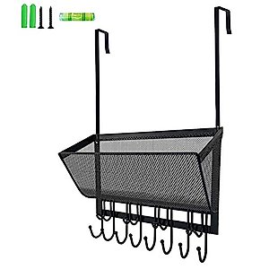 Giftgarden Over The Door Hooks Coat Rack with Wire Mesh Basket, 12 Hooks Door Hanger & Wall Mount Storage Organizer for Bathroom Bedroom Kitchen Cabinet Office Hanging, Black