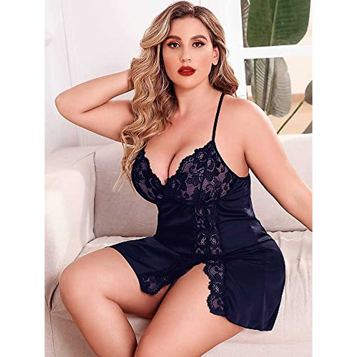 Avidlove Sexy Plus Size Lingerie For Women Lace Nightgown Satin Babydoll Sleepwear Sets Navy Blue 18W