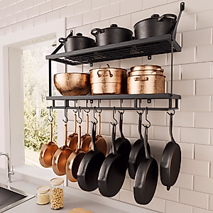 KES 30-Inch Kitchen Pot Rack - Mounted Hanging Rack for Kitchen Storage and Organization- Matte Black 2-Tier Wall Shelf for Pots and Pans with 12 Hooks - KUR215S75B-BK