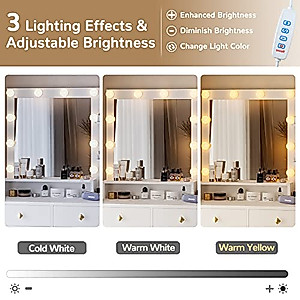 Tiptiper Makeup Vanity with Charging Station, Mirror with Lights and Table Set, Large Vanity Desk with Storage Shelves, 5 Drawers, Modern Vanity Table with Nightstand, White and Gold