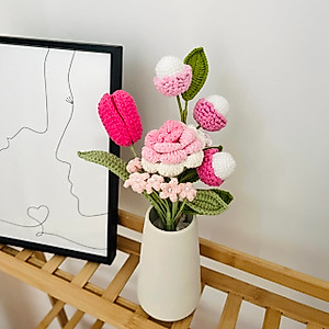 JOMODECOR Handmade Crochet Peony Lychee Bouquet, Knitted Mixed Artificial Forever Flowers with Exquisite Wrap, Gift to Girlfriend Mom Women, Perfect for Valentines, Home Decor, Celebration