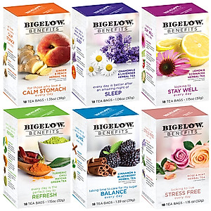 Bigelow Benefits Wellness Teas Variety Pack, Mixed Caffeinated Green Matcha & Caffeine-Free Herbal Tea, 18 Count (Pack of 6), 108 Total Tea Bags (Packaging May Vary)