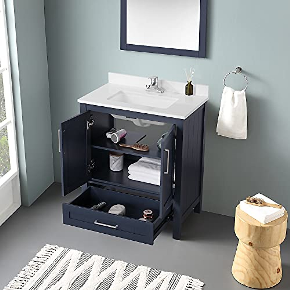 Ove Decors Kansas 30 in. Single Sink Bathroom Cultured Marble Countertop Vanity, 30 inches, in Midnight Blue