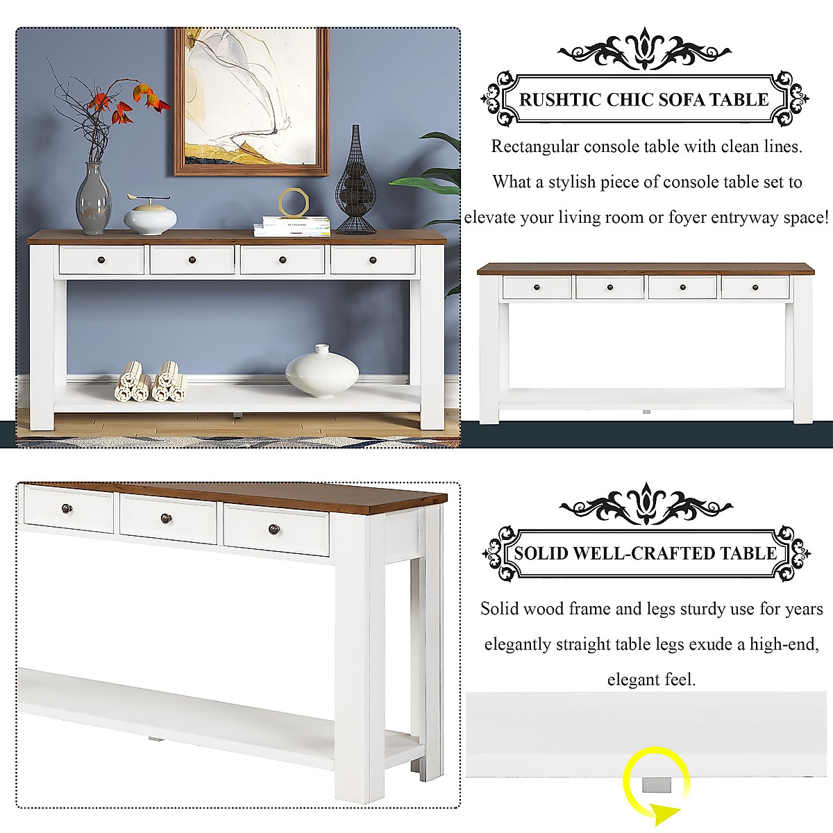 KLIECH 63" Pine Wood Console, Sofa 4 Drawers and 1 Bottom Shelf,Narrow Long Table for Living Room Entryway Hallway Bedroom,Antique White+ Brown Top
