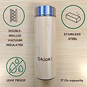 Shiok! Premium Bamboo Tea Tumbler with Strainer. 17 Oz Capacity Stainless Steel Thermos. Durable Double Walled Vacuum Insulated Travel Mug with filter. Keeps Hot & Cold up to 12hrs