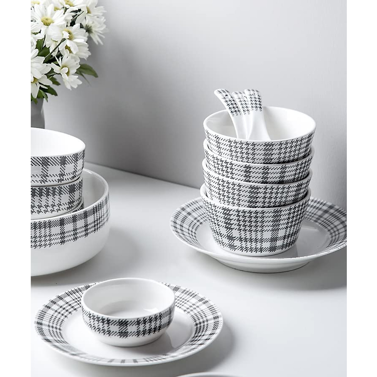 Colias Wing 5 Inches Black Checked Pattern Design Ceramic Salad/Pasta/Fruit/Appetizer/Dessert Bowls-Set of 2-White