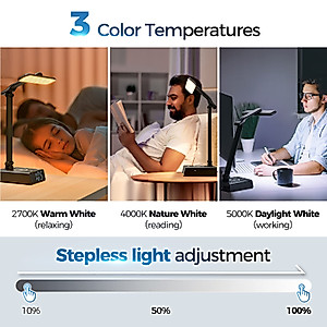 Docusvect LED Desk Lamp with 2 USB Charging Ports and 2 AC Outlets, 3 Lighting Modes × Stepless Dimming LED Desk Lamp with 15W Wireless Charger, Digital Alarm Clock for Home Office & College Dorm Room