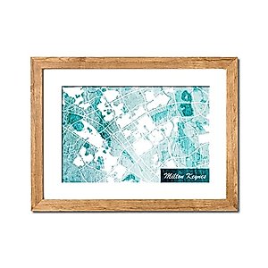 Brown Frame - Wooden Framed - Milton Keynes, England, United Kingdom (UK) Original Map Design Blue Stroke - Art Print Poster Photo Gift