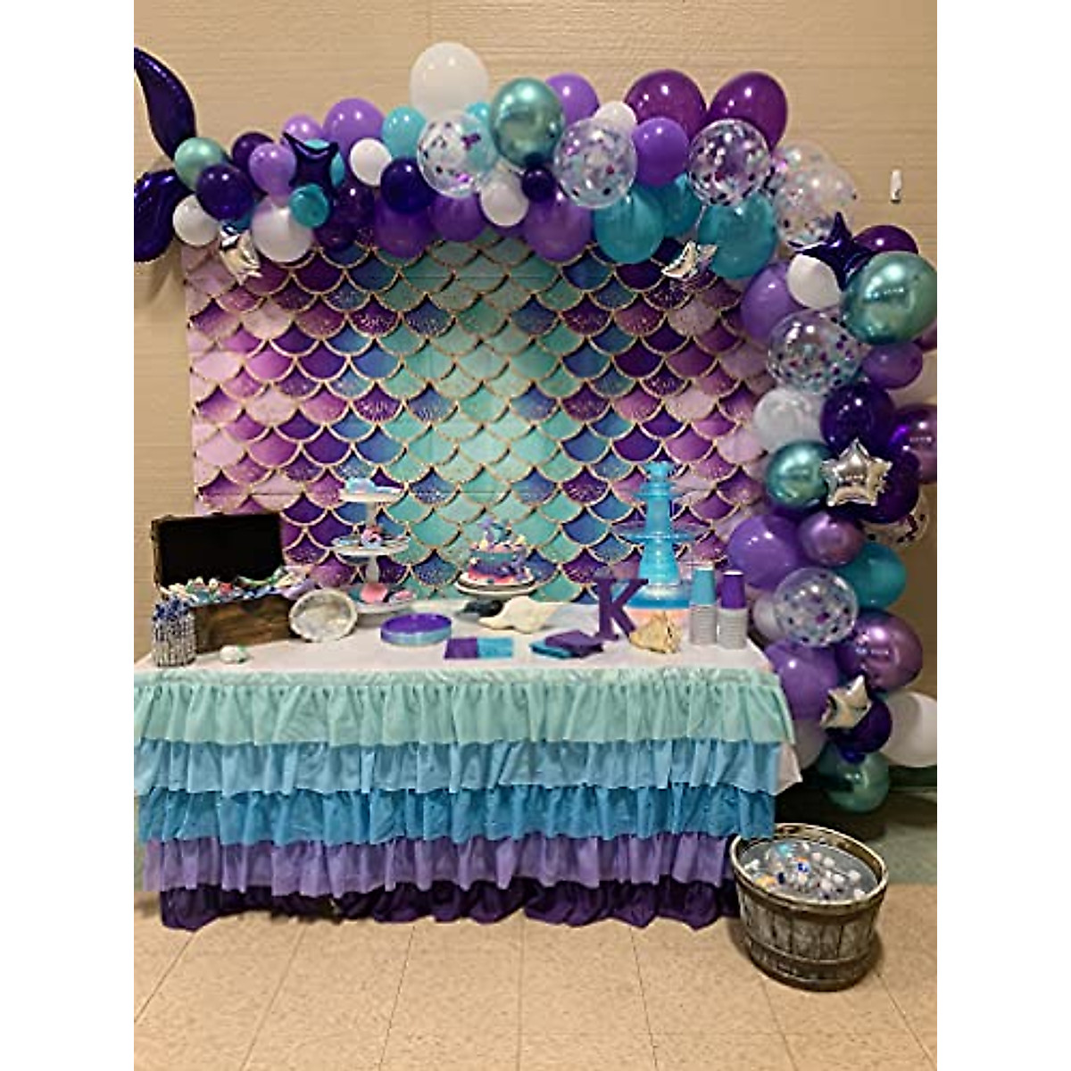 Avezano Mermaid Birthday Backdrop Glitter Mermaid Scales Backdrops Kids Birthday Party Decor Girls Princess Baby Shower Photo Background Purple Aqua Green Shell Backdrop (7x5ft)