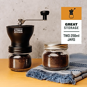 County Line Kitchen, Manual Coffee Grinder with Ceramic Burr, Adjustable Coarseness, Hand Coffee Bean Grinder, Two Glass Jars 250ml each with Metal Lids