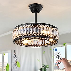Modern Black Crystasl Ceiling Fan with Light, Caged 18" Bladeless Ceiling Fan with Remote Control, 6 Speed Low Profile Enclosed Ceiling Fan with Reversible Motor for Bedroom Kitchen Living Room