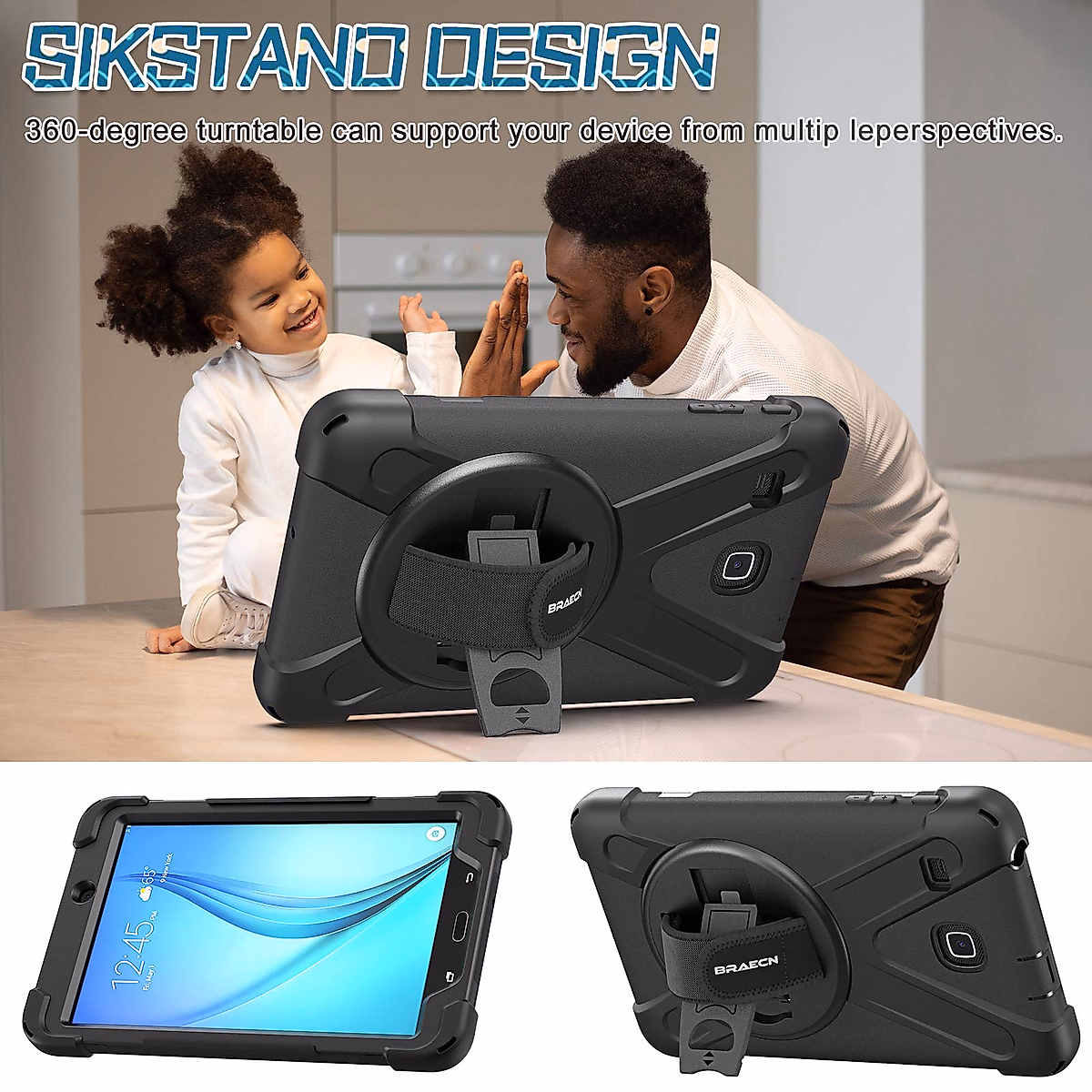 BRAECNstock Samsung Galaxy Tab E 8.0 Case (SM-T375/T377/T378),Shockproof Durable Protective Cover with 360° Kickstand&Hand Strap,Shoulder Strap,Kids Tablet Case for Galaxy SM-T377A/T377V/T378V,Black