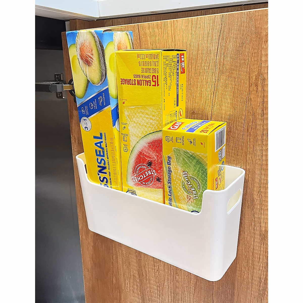 FavoThings 2 Pack Cabinet Door Organizer Adhesive Mount Kitchen Wrap Organizer Container Plastic Storage Shelf Versatile for Kitchen, Bathroom, Office, Bedroom, Garage, Craft Room, White