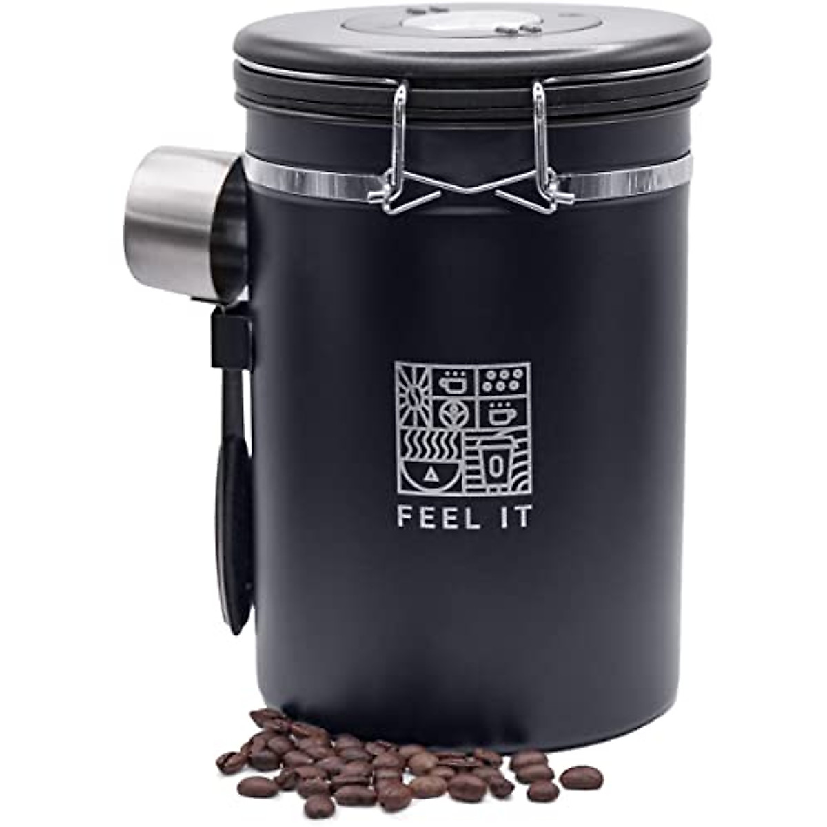ALPACA VENTURES Stainless Steel Coffee Canister - 21oz Airtight Kitchen Food Storage Container with Date Tracker, CO2-Release Valve and Measuring Scoop For Ground Coffee, Beans, Tea, Sugar, Large (Black)