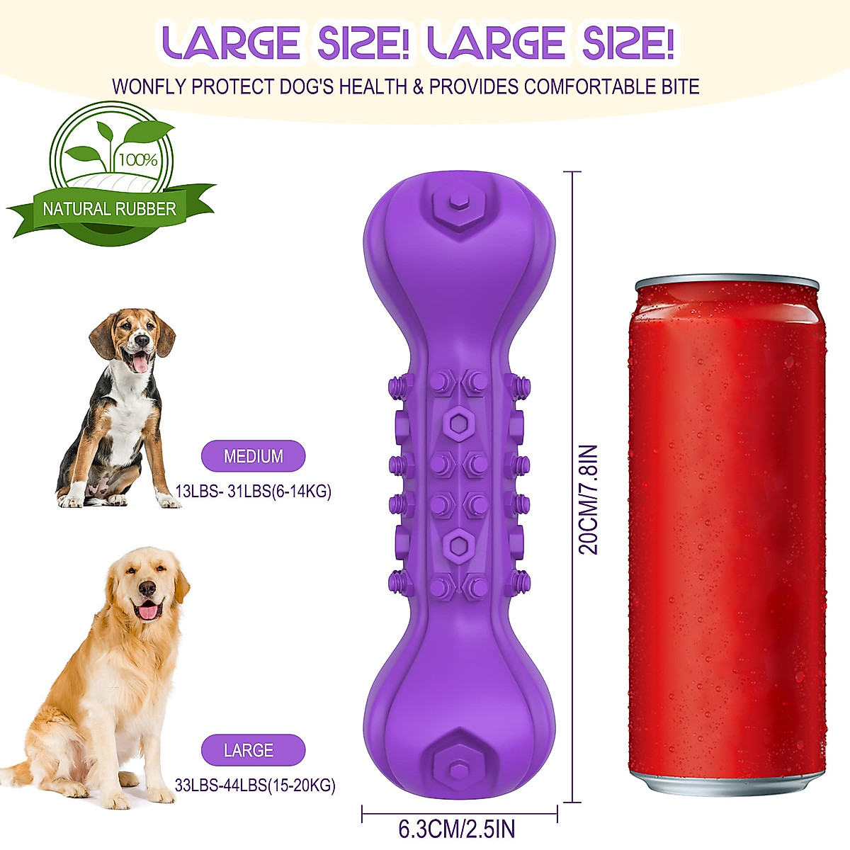Wonfly Indestructible Dog Chew Toys, 8inch Dog Squeak Toys for Large Dogs Aggressive Chewers, Natural Rubber Dog Interactive Dog Toys for Medium Large Dogs, Boredom Puzzle Feeder (Purple)