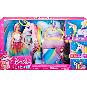 Barbie Dreamtopia Magical Lights Unicorn with Rainbow Mane, Lights and Sounds, Princess Doll with Pink Hair and Food Accessory, Gift for 3 to 7 Year Olds, Multi, Única
