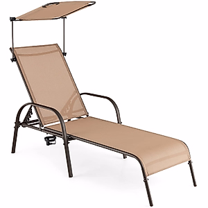 Giantex Patio Chaise Lounge Chair - Outdoor Beach Chair with Adjustable Canopy, Cupholder, 5-Level Backrest, Metal Frame Sunbathing Lounger for Outside, Poolside, Yard, Lawn Tanning Chair (1, Brown)