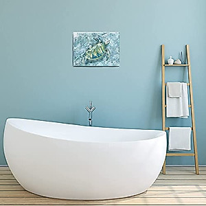 Bathroom Wall Decor Sea Turtle HD Pictures Print on Canvas Framed Wall Art for Bedroom Kitchen Modern Blue Coastal Room Decorations Art Work Green Turtle on Blue Water Size 12x16 inches Ready to Hang