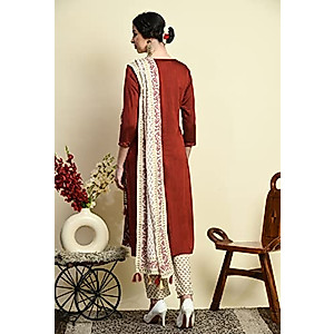 Lagi Women Straight Printed 3/4 Sleeves Rayon Kurti Pant and Dupatta Set, Rust [M]