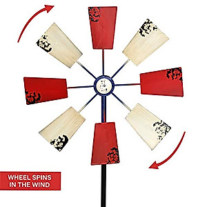 Exhart Yard Pinwheel Decorations – American Flag Windmill Spinner – USA Garden Windmill w/Weather Resistant Americana Metal Blades, Patriotic Decorations, Garden Décor (12" L x 13" W x 54" H)