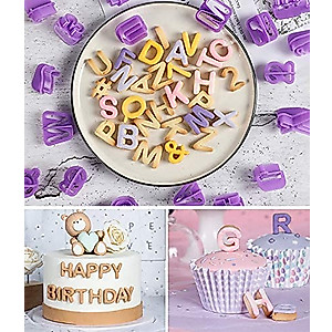 40pcs Alphabet Cookie Cutters Set Purple Plastic Letter Icing Cake Decorating Fondant Number Cutters Mould Tools for Sugarcraft Biscuit Pastry Plunger Baking