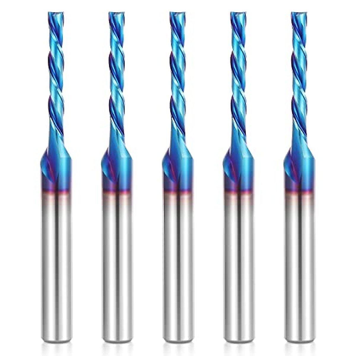 HQMaster 5 Pcs Spiral CNC Router Bits Set Down Cut 1/4” Shank Solid Carbide Spiral Downcut CNC Bits with Nano Blue Coating End Mill for Wood Cut Carving Engraver 1/8" Cutting Dia.