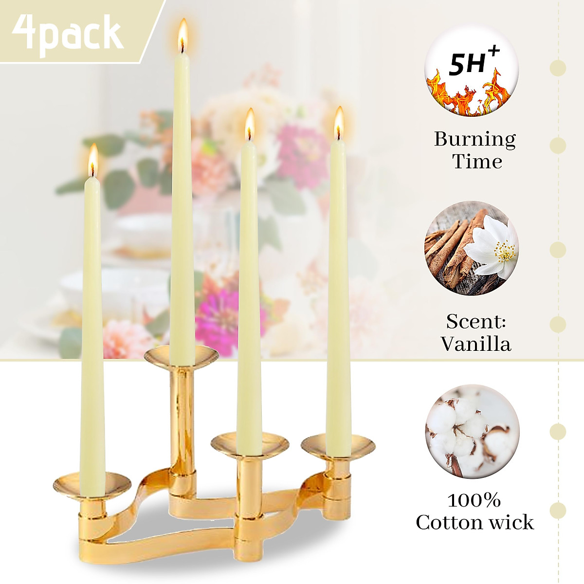 Long Taper Candle Handmade Vanilla Scented Smokeless Ivory White Candles 10 inch Unique Dinner Tall Taper Candlesticks for Home Decoration Wedding Party Gift Set of 4