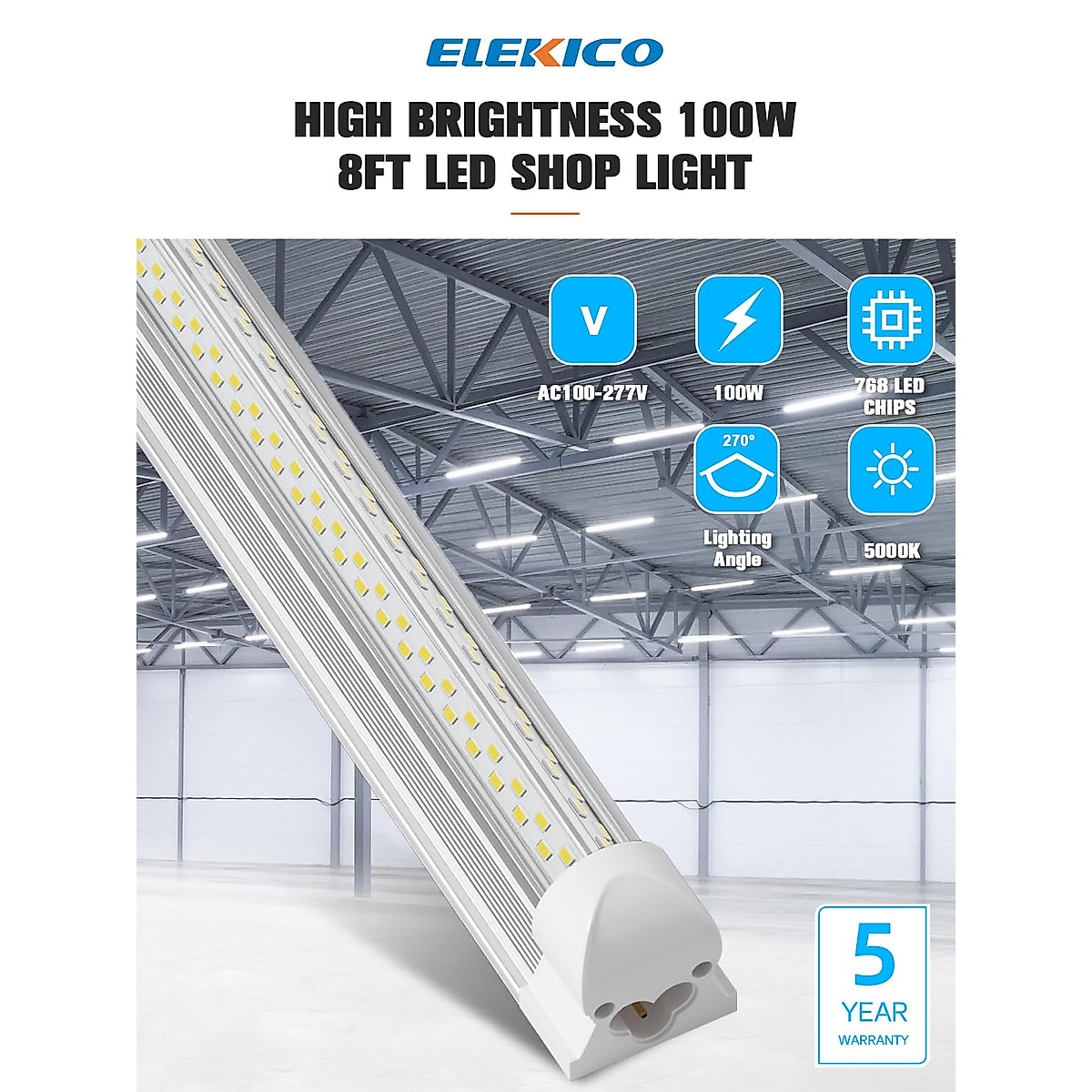 ELEKICO 8FT LED Shop Light, Super Bright 100W Shop Lights, 15000LM 5000K 8 Foot Led Lights, Linkable 96" LED Shop Lights Lighting for Garage with Plug, V Shape T8 8' Led Light Fixtures 10 Pack