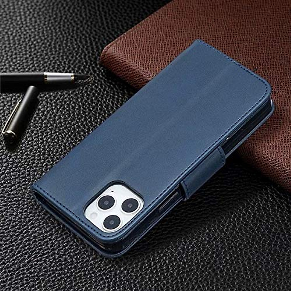 Glow 407-1-04 iPhone 12 Notebook Type Case with Strap, Navy, Tempered Glass & Stylus Pen