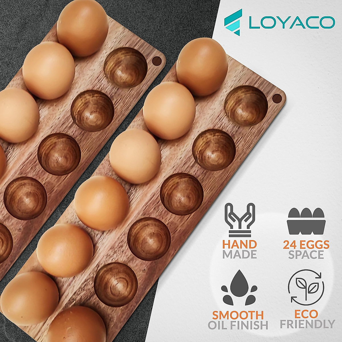 LOYACO Stackable Acacia Wooden Egg Holder Countertop - Stackable Double Layers Egg Rack, 24 Fresh Egg Holder, Durable Space Saving Design, Shop Organization Kitchen Rustic Decor