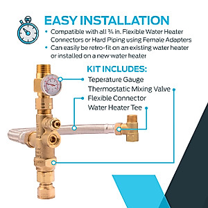 Cash Acme 3/4 Inch Tank Booster Water Heater with Thermostatic Mixing Valve, Temperature Gauge, Braided Hose, Domestic and Commercial Application, PEX Pipe, PE-RT, CPVC, Copper, 24644
