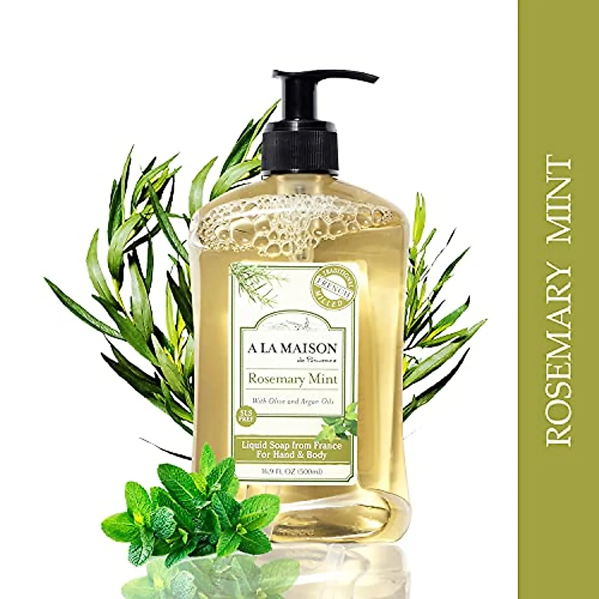 A LA MAISON Rosemary Mint Liquid Hand Soap - Triple French Milled Natural Moisturizing Soap (3 Pack, 16.9 oz Bottle)