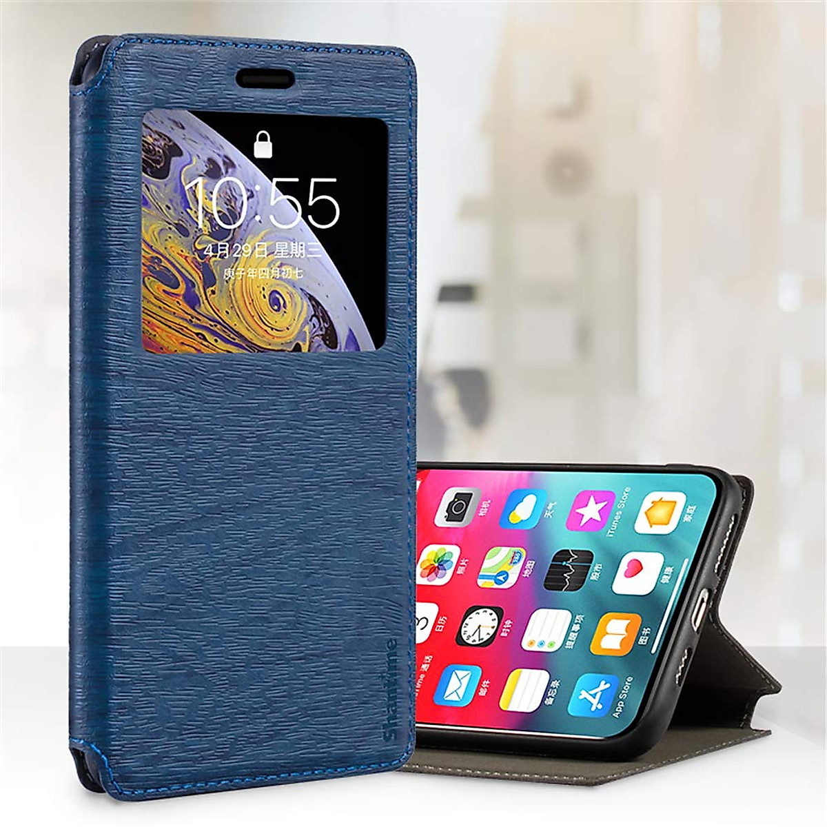 Shantime for Lenovo ThinkPhone 5G Case, Wood Grain Leather Case with Card Holder and Window, Magnetic Flip Cover for Lenovo ThinkPhone 5G (6.6”) Blue