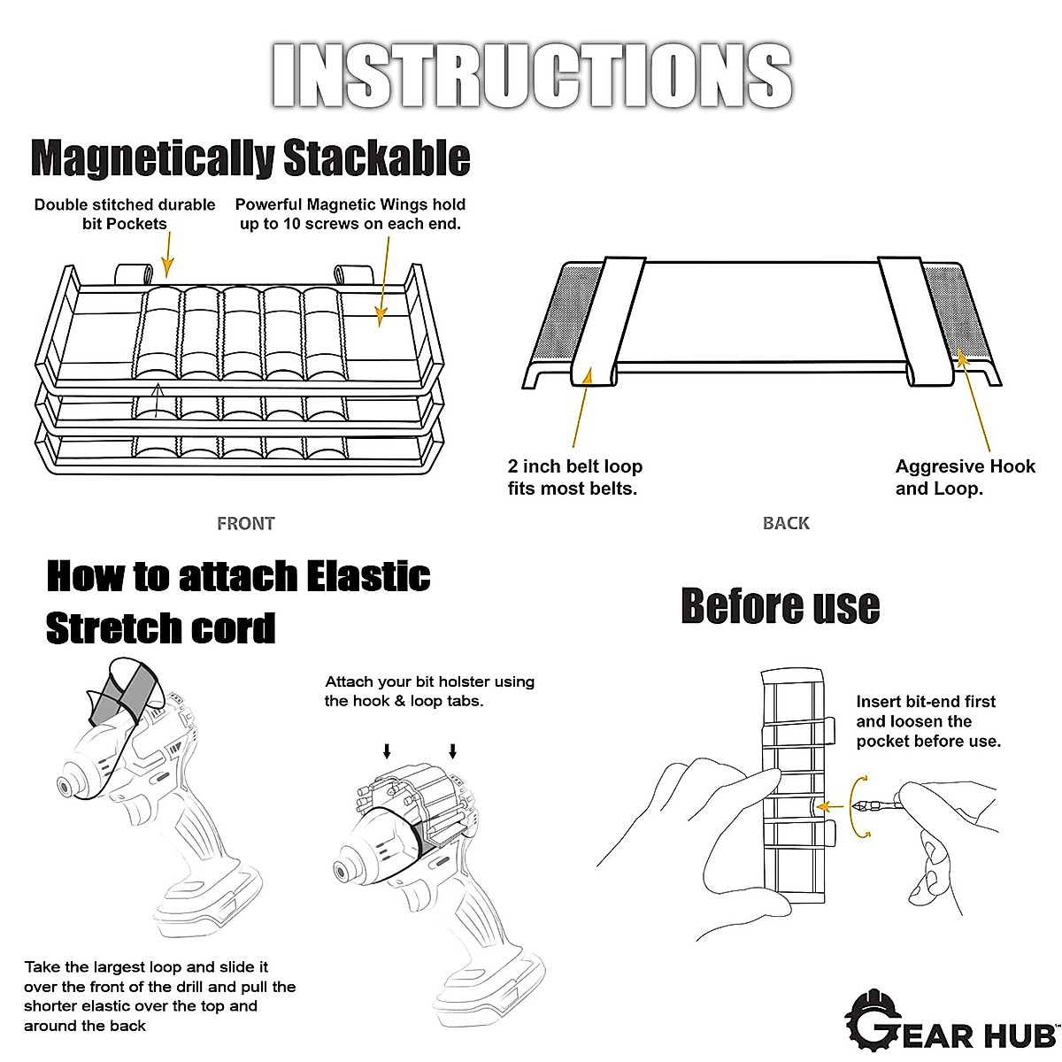 Gear Hub Bit Holster | NEW and IMPROVED Magnetic Drill Bit Holder and Organizer - Holds 10 Bits & 20 Screws - Attaches to Drill, Belt, or Any Metal Surface